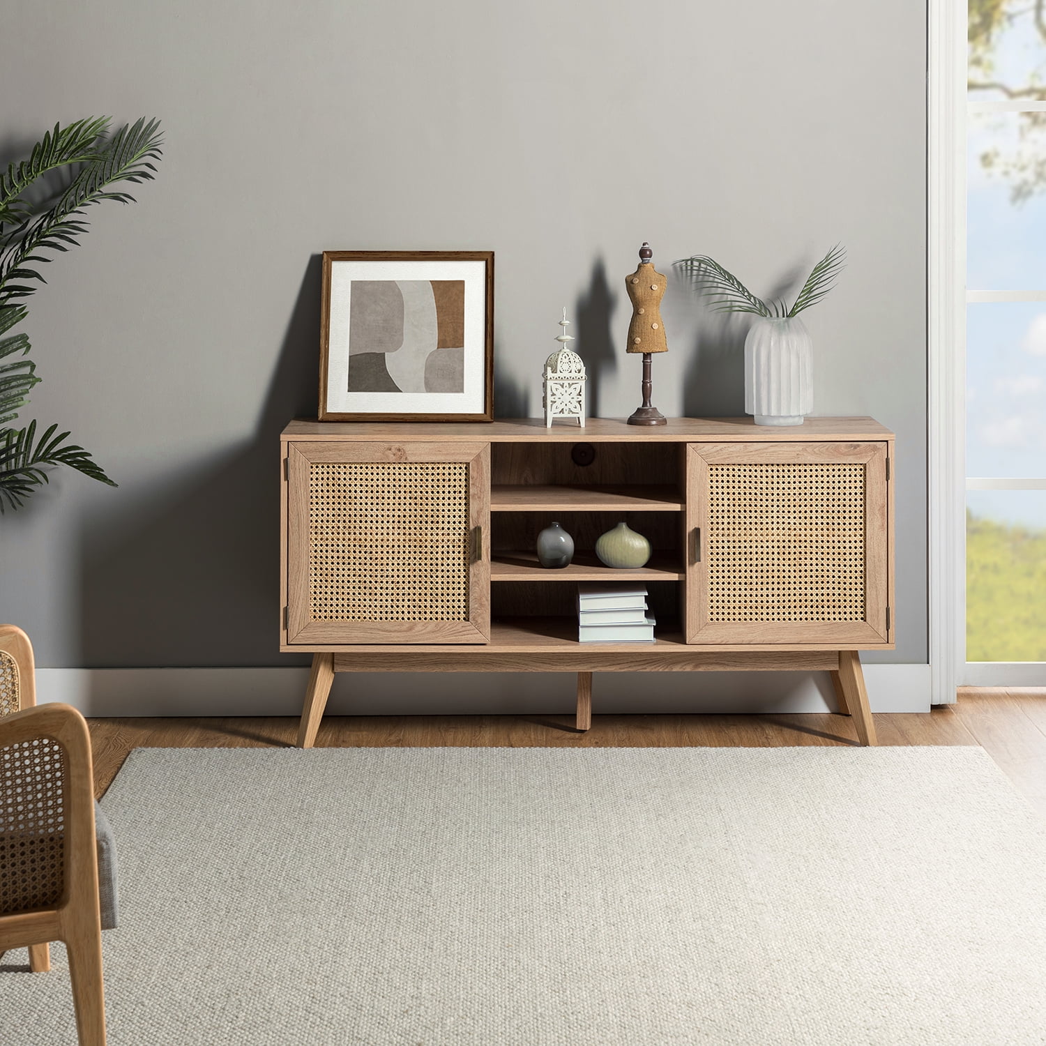 TV Stand for TVs up to 65" with Two Doors, Solid Wood Console Table ...