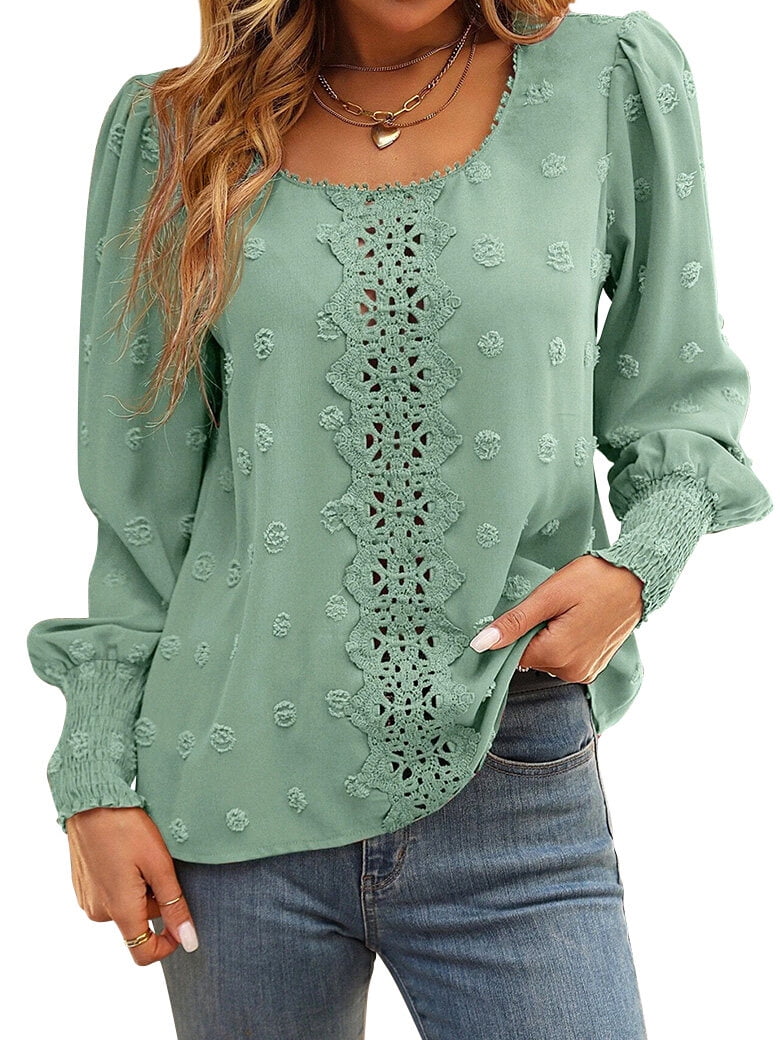 HUBERY Women Swiss Dot Crewneck Puff Long Sleeve Lace Patchwork Chiffon ...