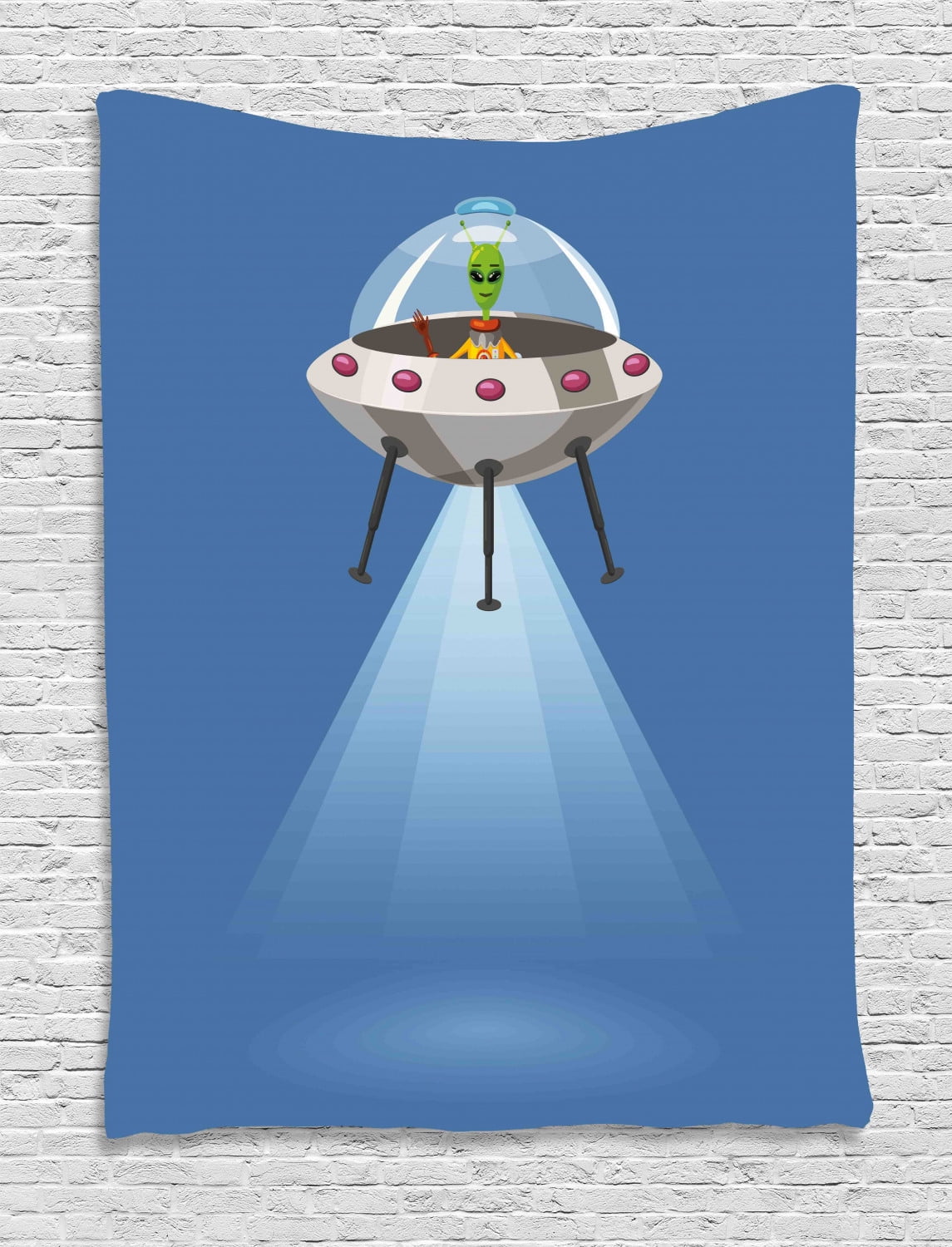 Alien Tapestry, Flying UFO with a Green Creature Waving ...