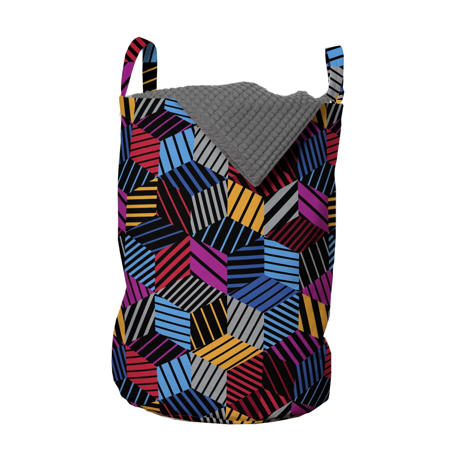Geometric Laundry Bag, Stripped 3 Dimensional Cube Pattern Vibrant ...