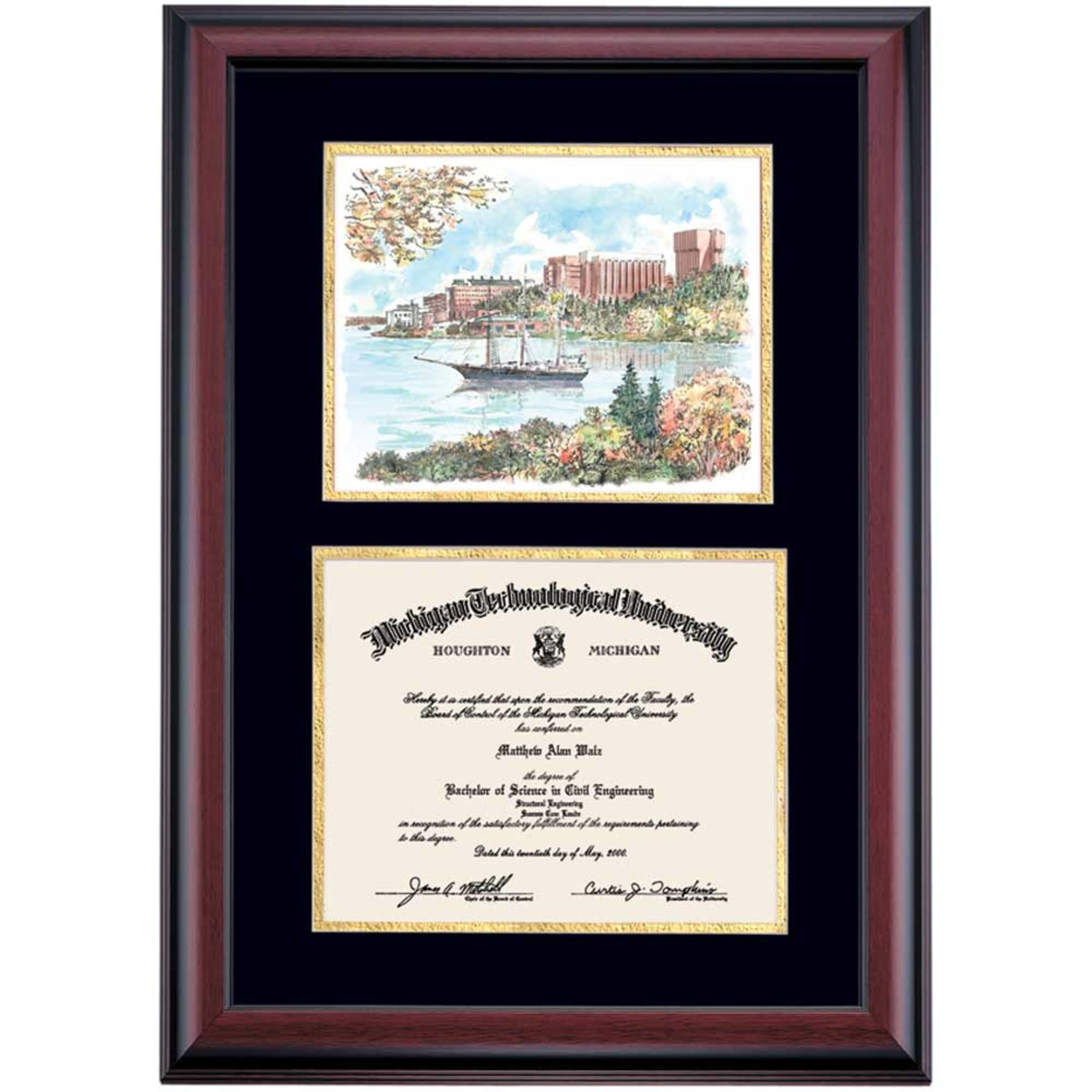 OCM Diploma Frame for Michigan Tech MTU, Black/Gold Mat with Keweenaw ...