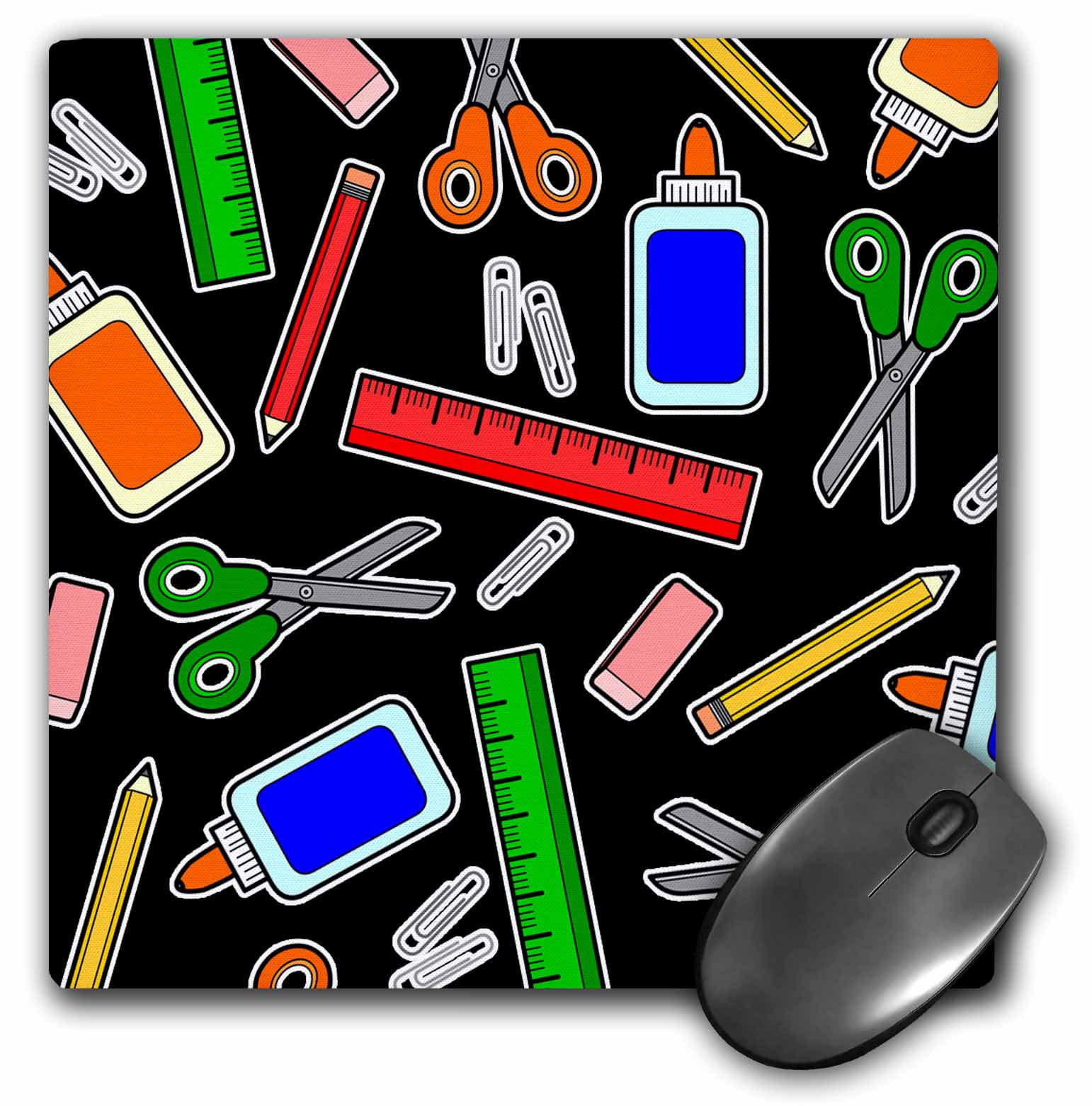 3dRose Cute Cartoon Primary Colors School Supplies - Black, Mouse Pad ...