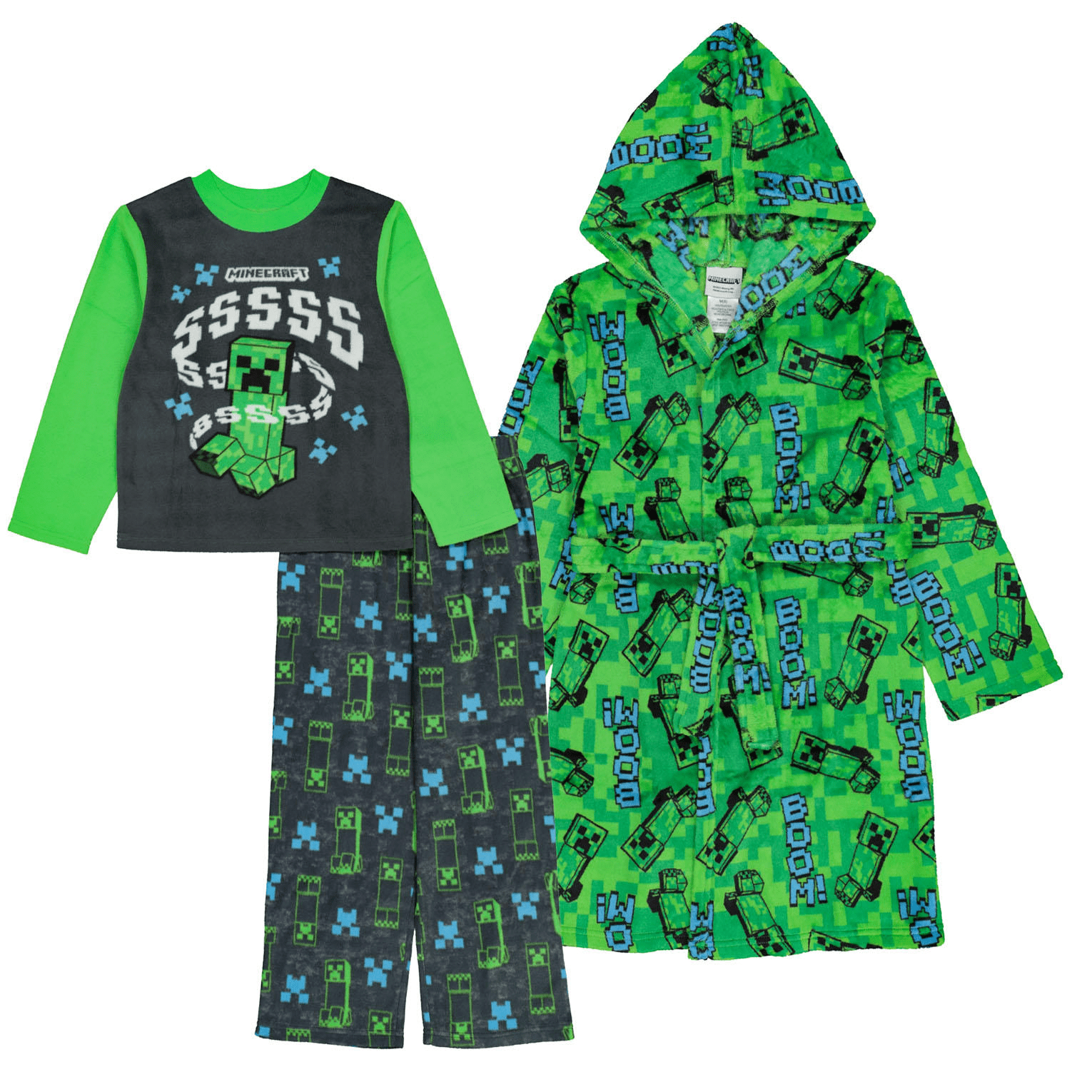 Licensed Boy's Plush Hooded Robe & 2 Piece Pajama Set (Minecraft, 8 ...