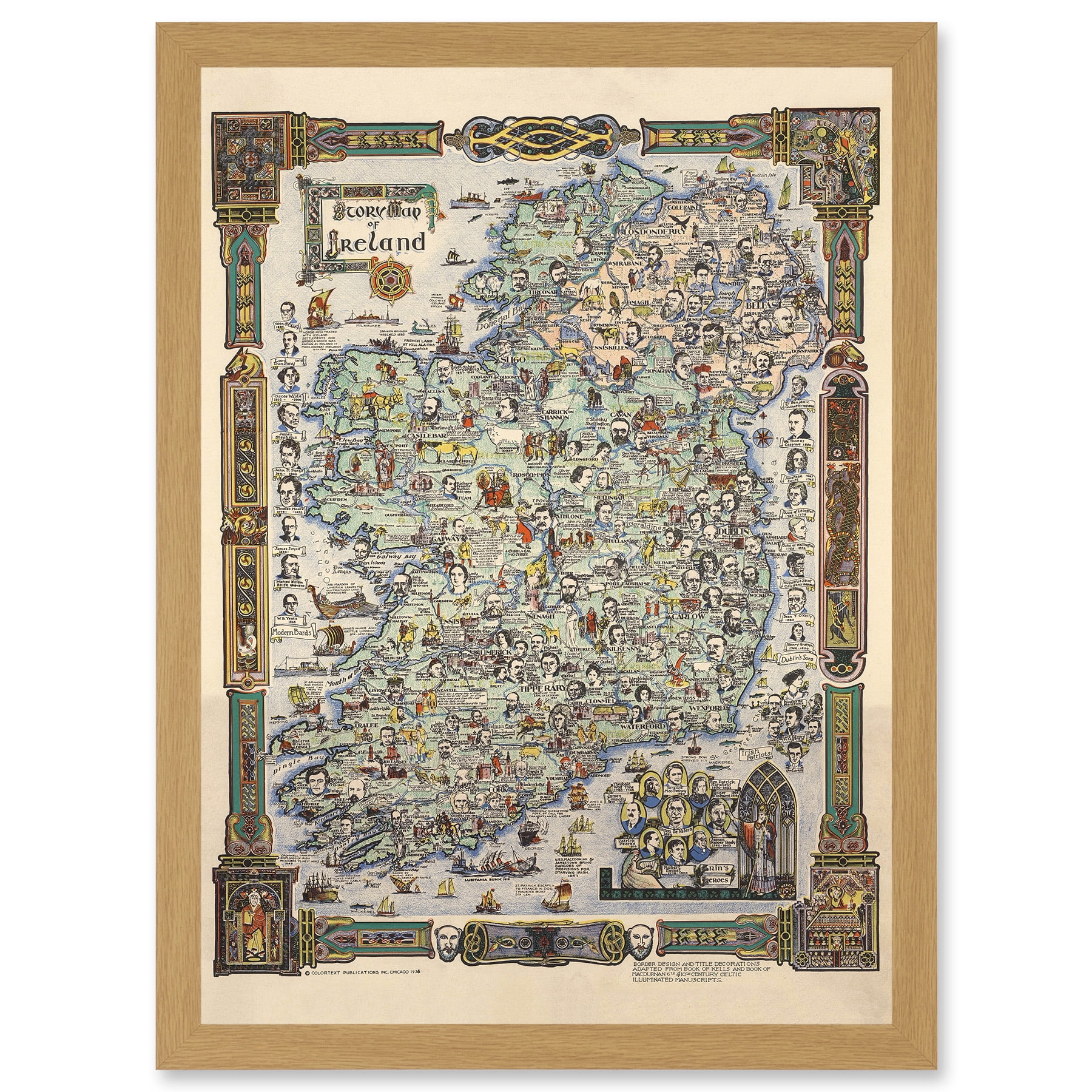 Story Map of Ireland Colortext 1936 Historic Pictorial Artwork Framed ...