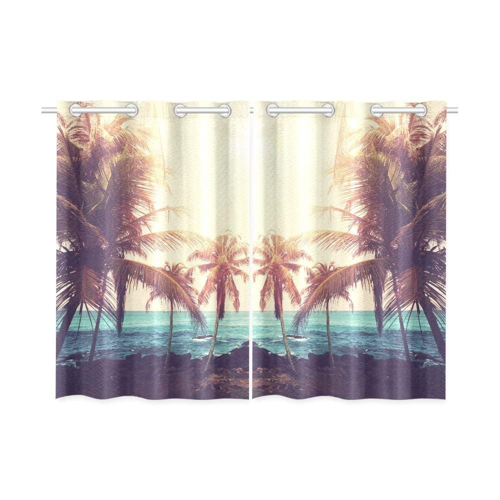 CADecor Tropical Beach Window Kitchen Curtain, Sunset Sea View Palm ...