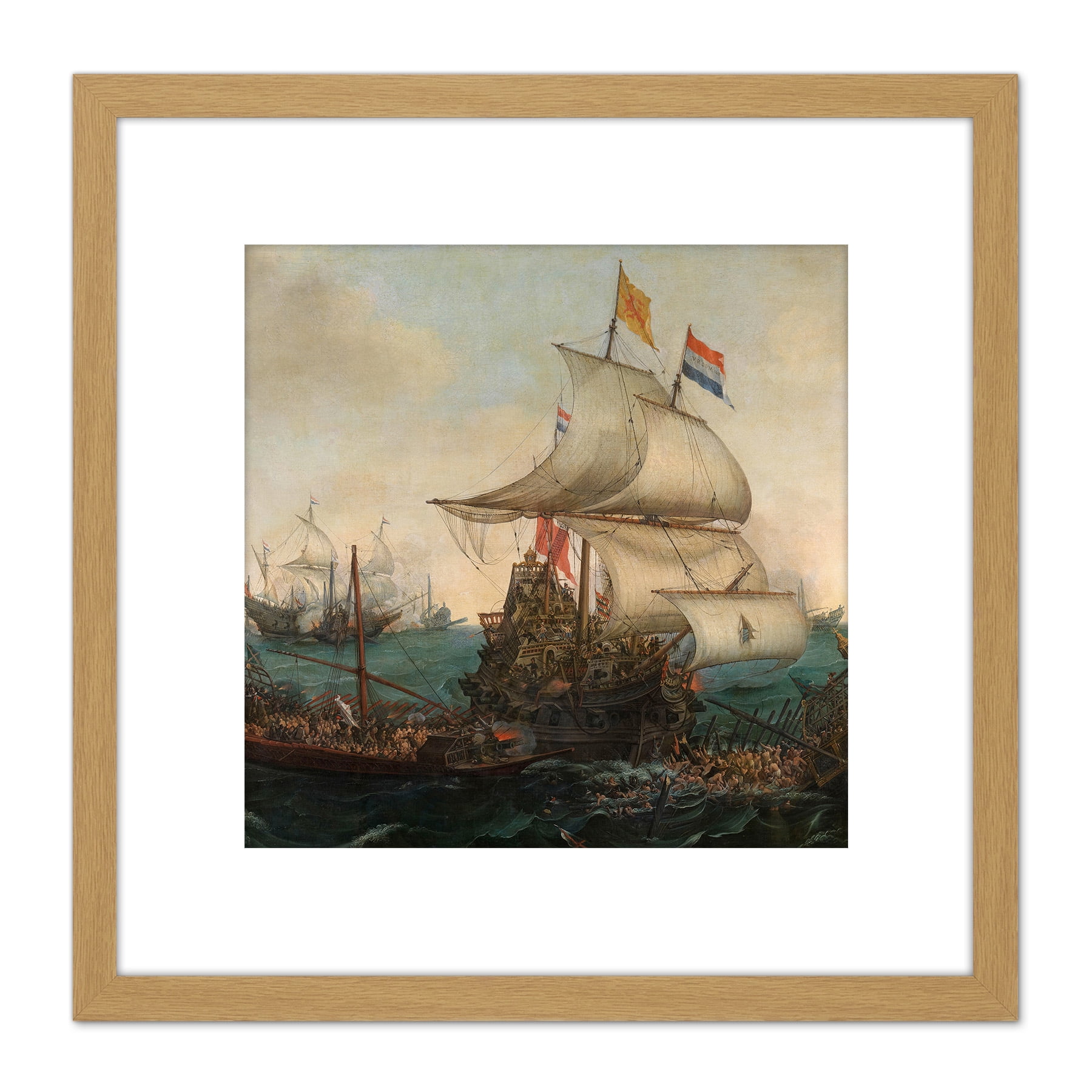 Vroom Dutch Ships Ramming Spanish Galleys 8X8 Inch Square Wooden Framed ...