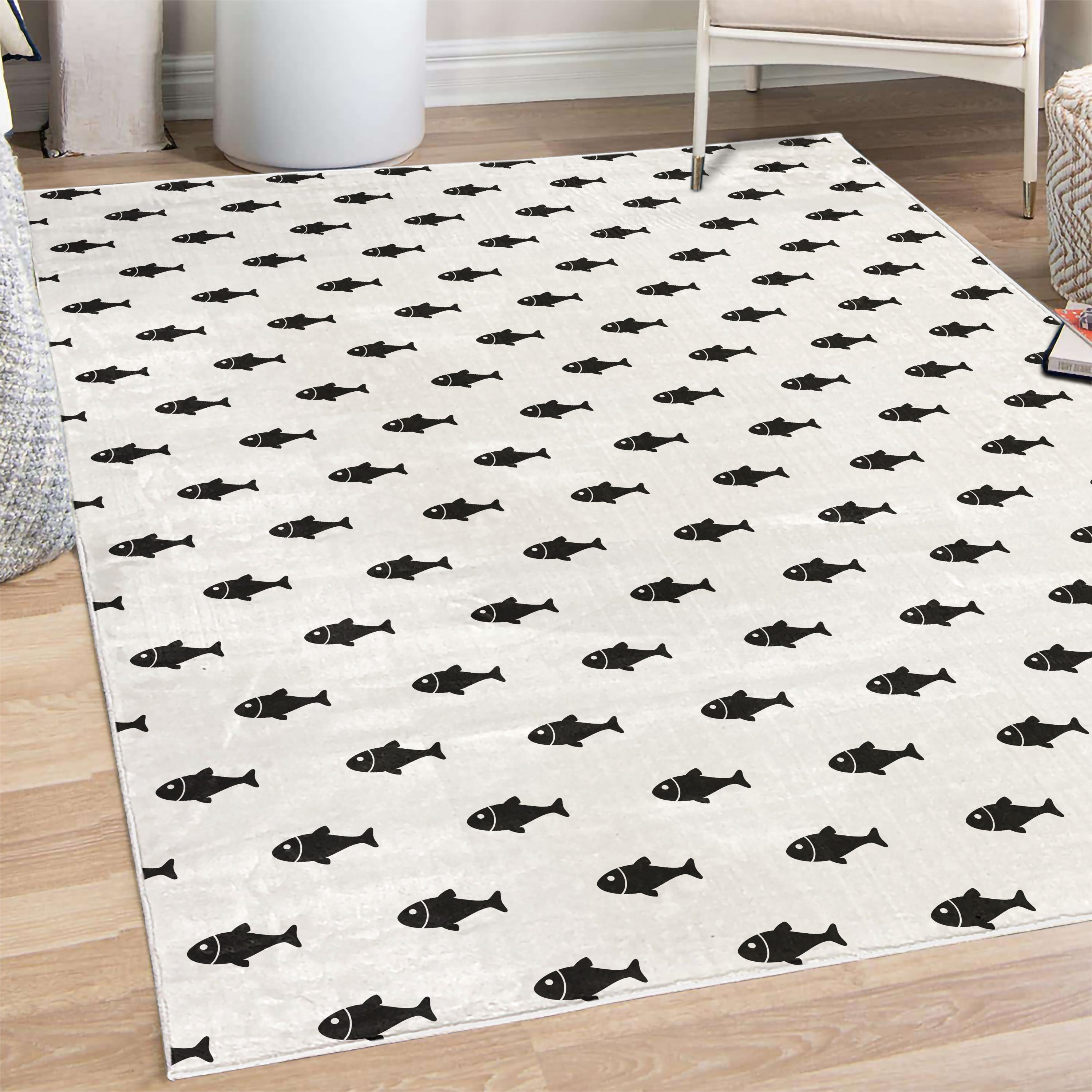 Ocean Decorative Rug, Hand Drawn Nautical Sketchy Sea Life Fish Whales ...