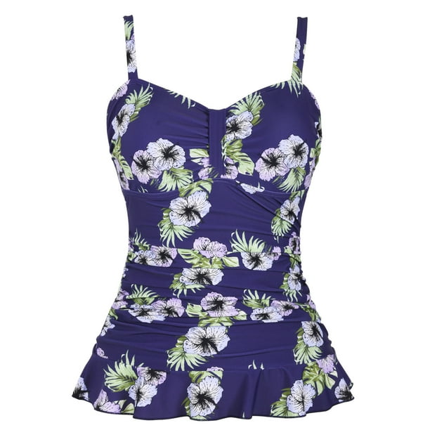 Hilor Womens 50's Retro Ruched Tankini Tops Ruffle Hem Swimsuit Tops ...