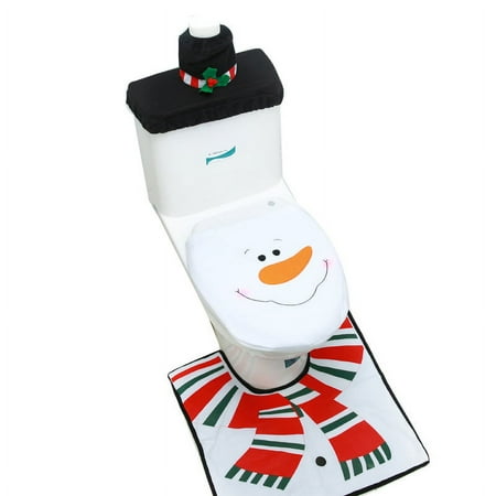 3-Piece Snowman Santa Toilet Seat Cover and Rug Set Red Christmas ...