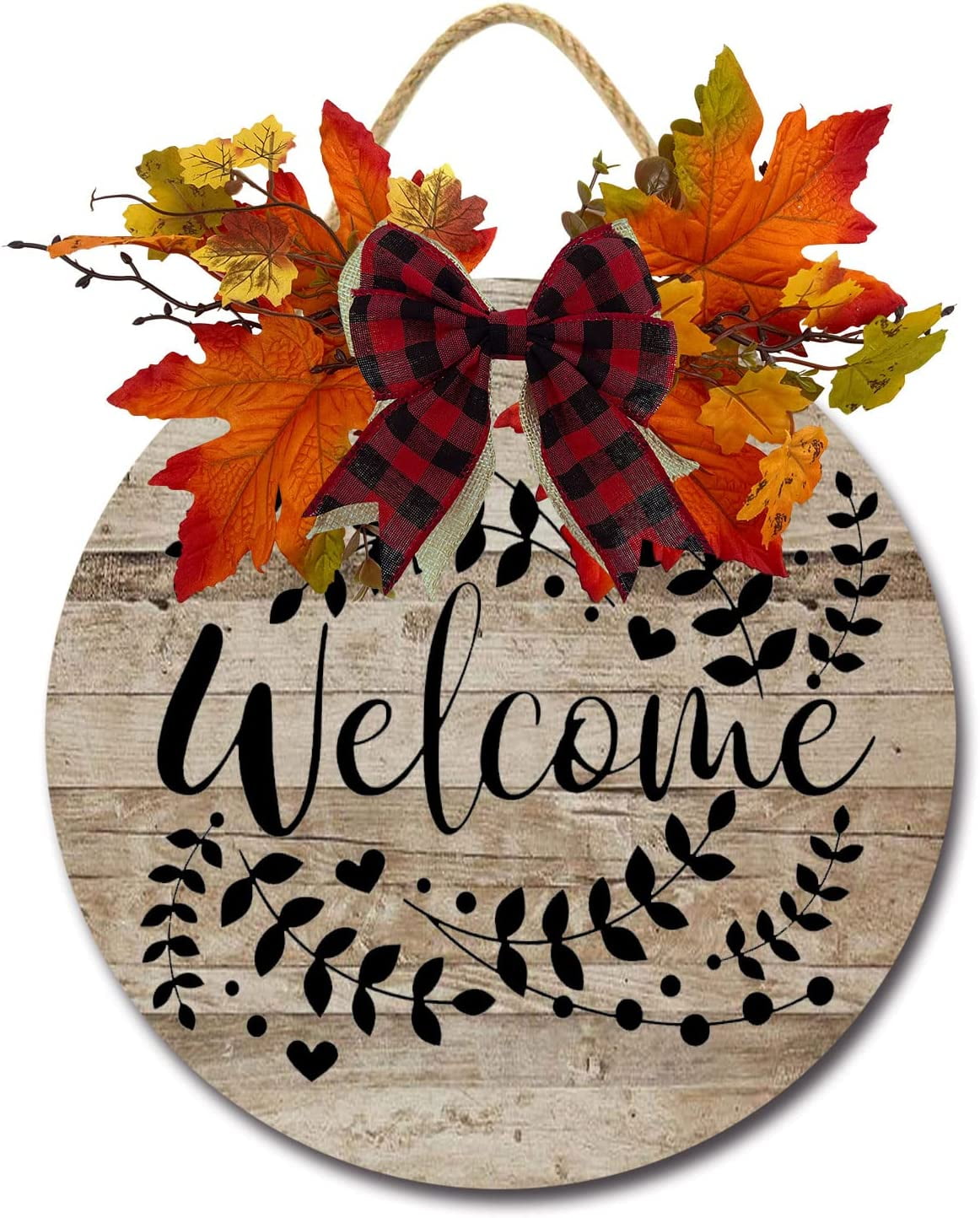 Eveokoki 11" Welcom, Rustic Door Wreaths Sign with Fall Leaves, Round ...