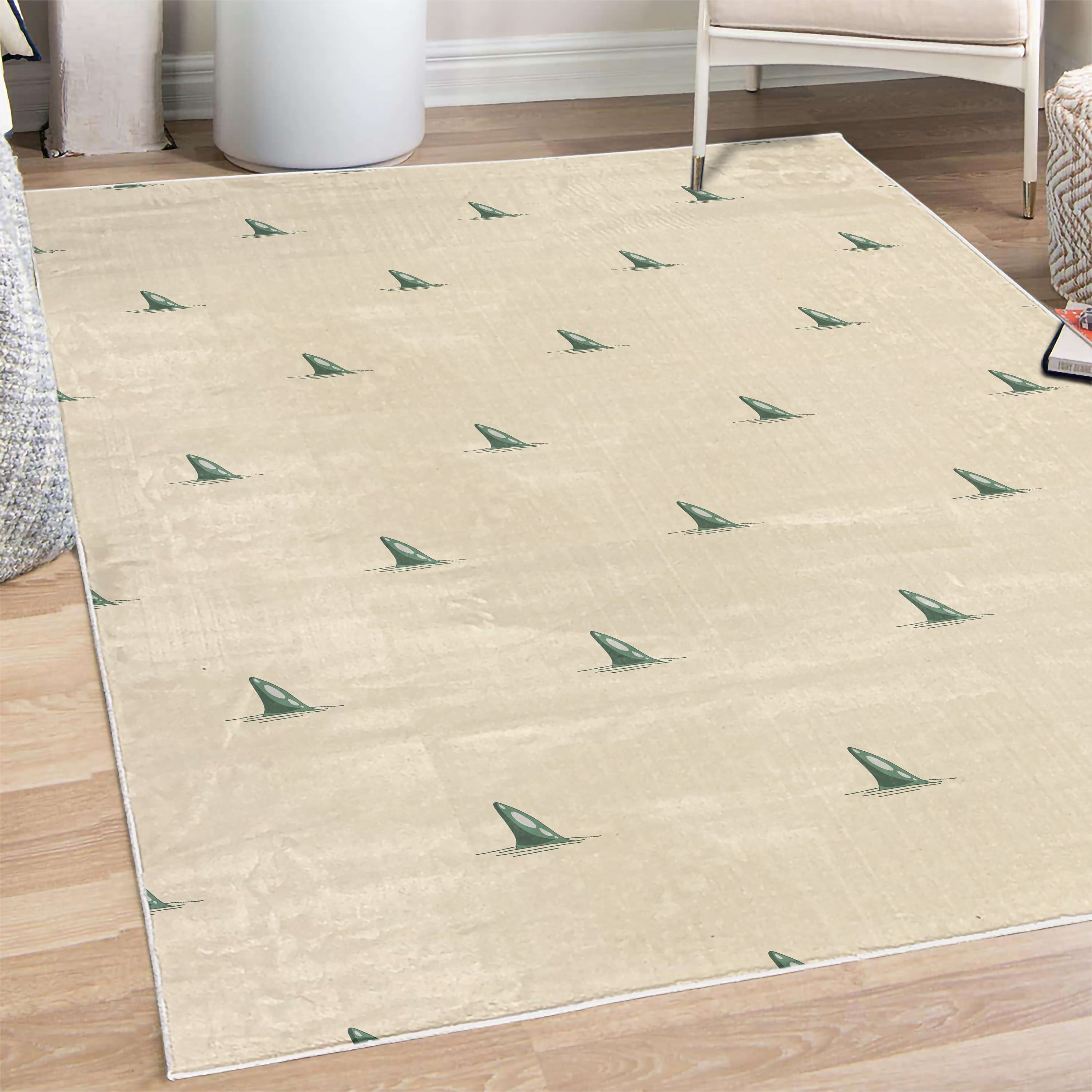 Sea Animals Decorative Rug, Pattern of Shark Fins Speedy Fish Hunting ...