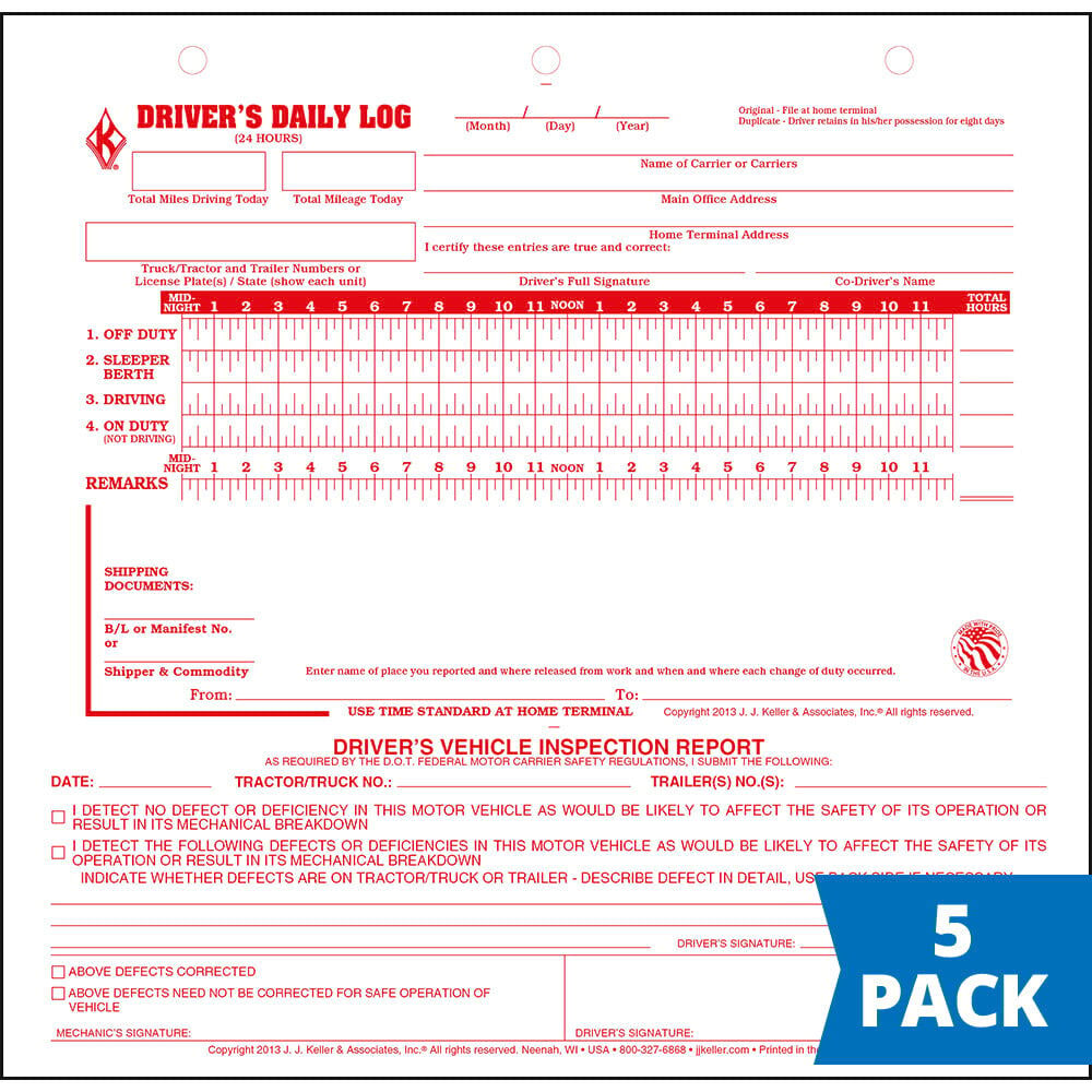 Mid-Size Driver Daily Log 5-pk. w/Simplified Driver Vehicle Inspection ...