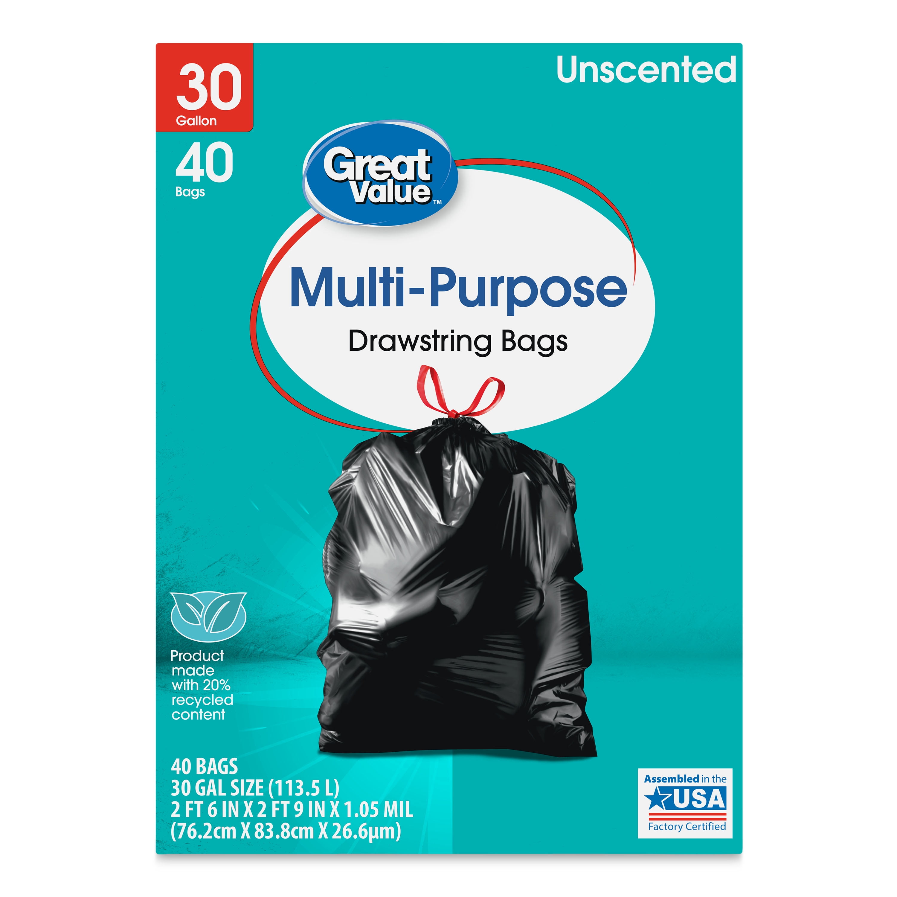Great Value 30-Gallon Drawstring Multi-Purpose Trash Bags, 40 Bags ...
