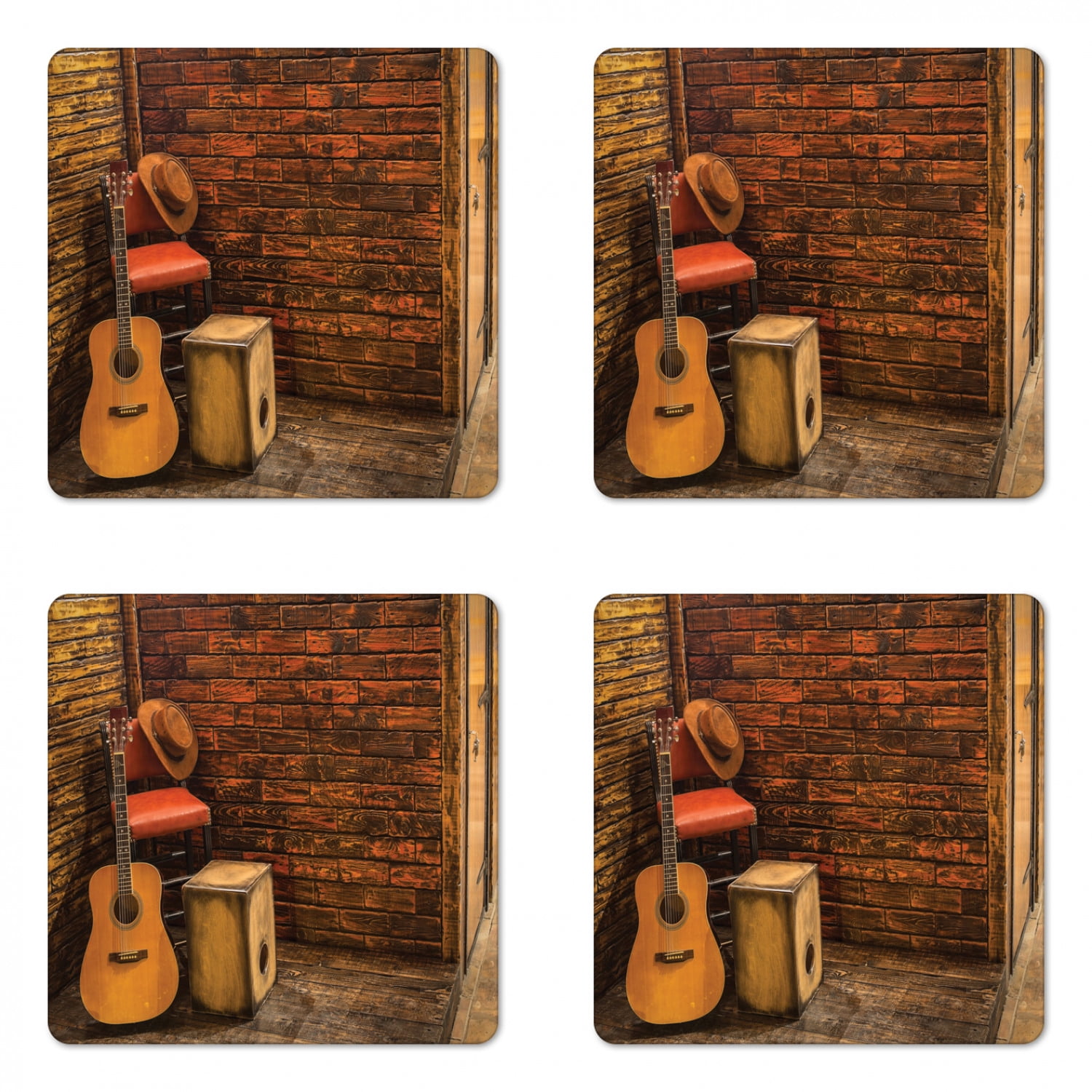 Music Coaster Set of 4, Music Instruments on Wooden Stage in Pub ...