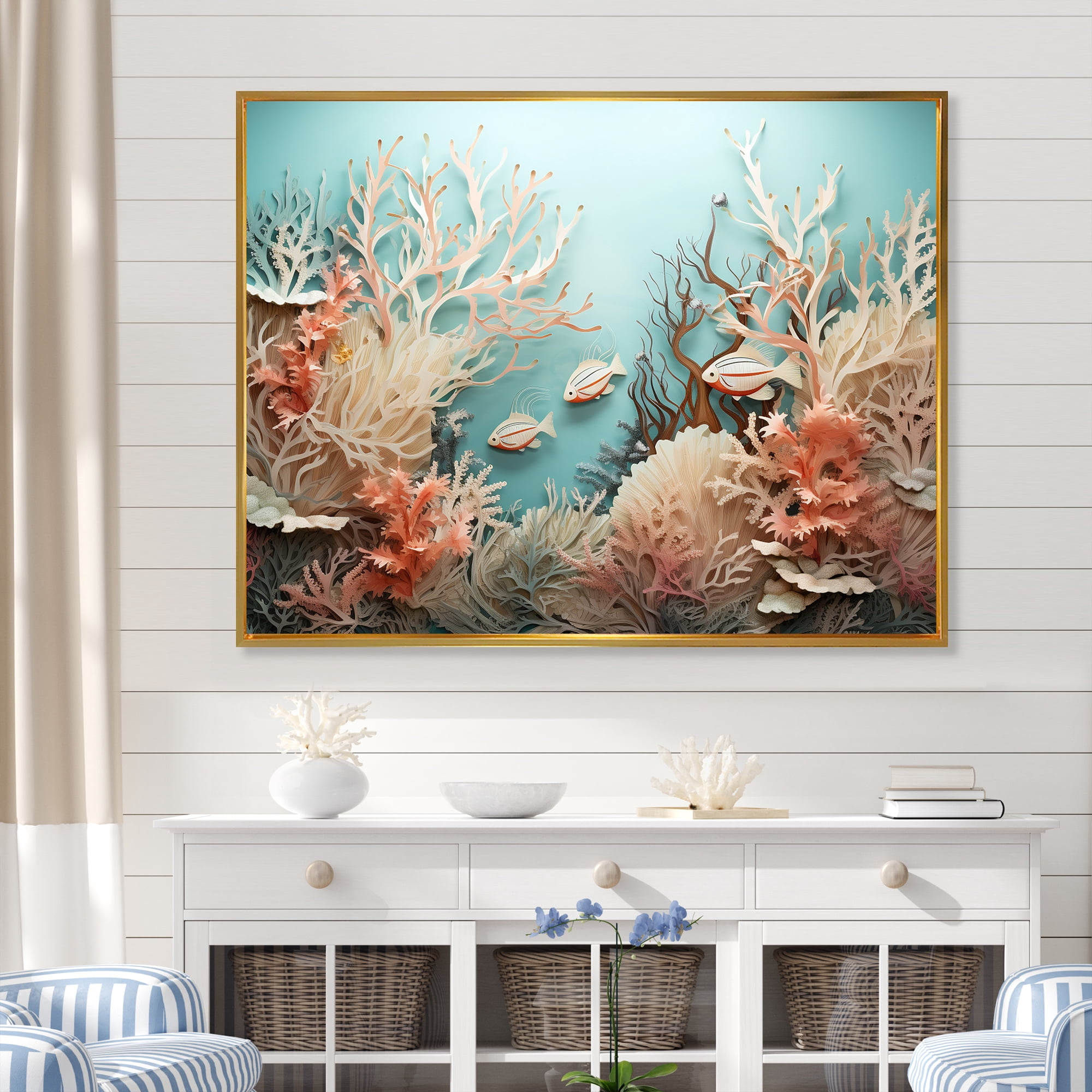 Click here for Designart Peach Gold Framed Wall Art  Coastal Cora... prices