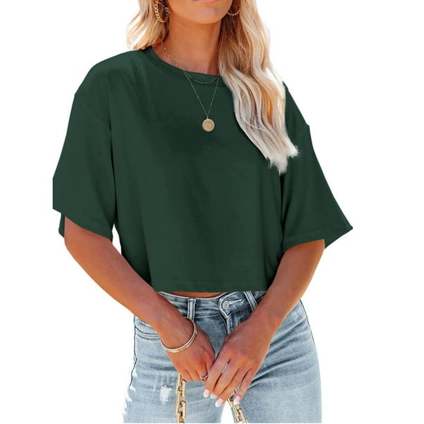 Dellytop Women Half Sleeve Drop Shoulder Solid Color Basic Crop Tops ...