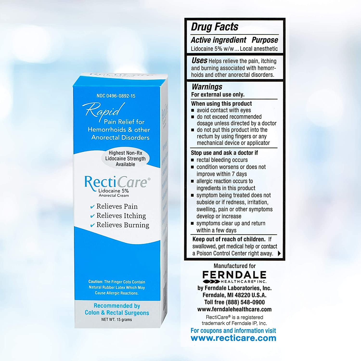 RectiCare Anorectal Lidocaine 5% Cream, 15g