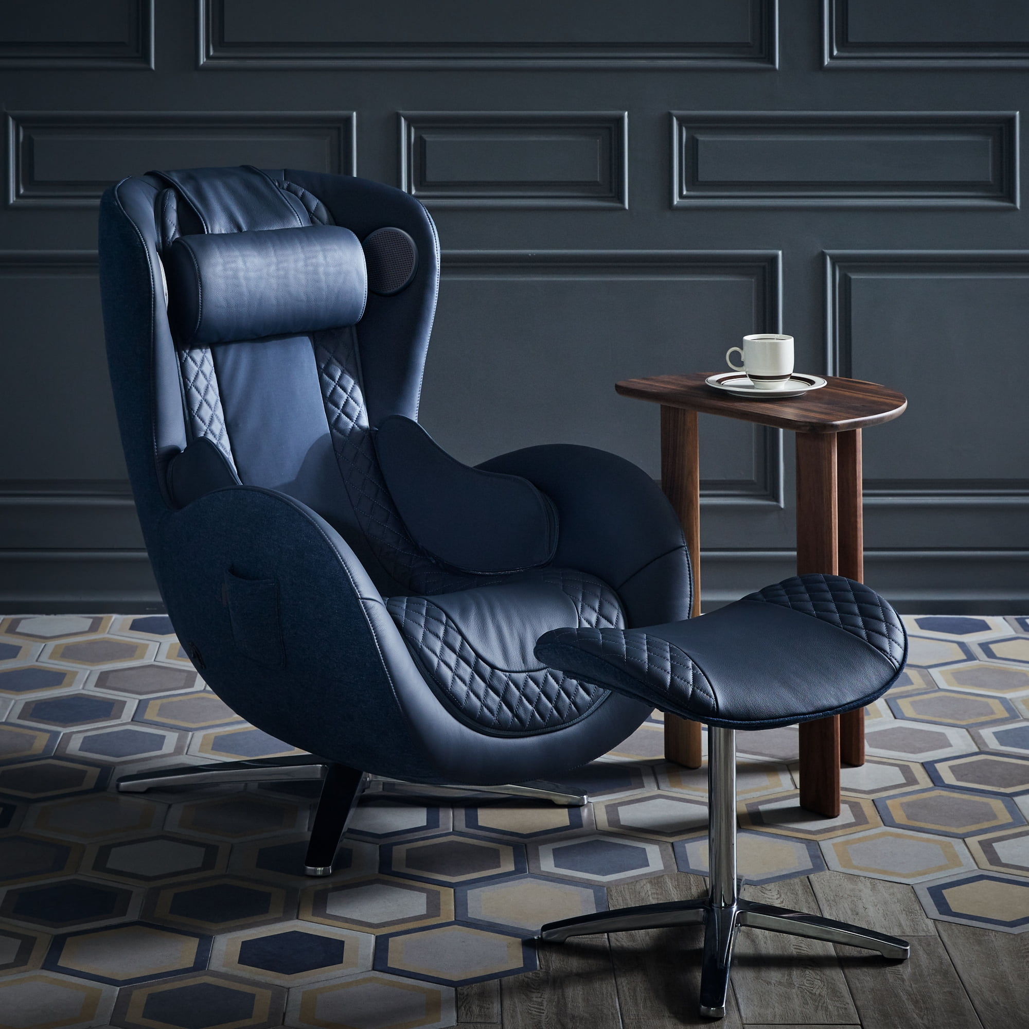 Classic Genuine Leather Massage Chair with Ottoman, Midnight Blue ...