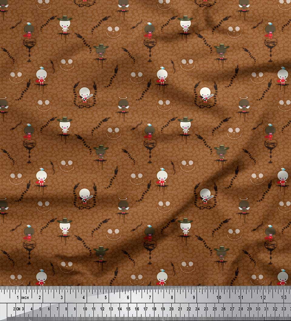 Soimoi Brown Heavy Satin Fabric Pumpkin,Snake & Devil Cartoon Printed ...