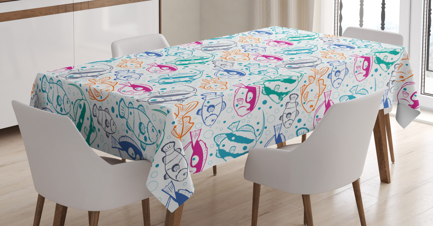 Fish Tablecloth, Marine Design Ocean Animals Underwater Hand-Drawn in ...