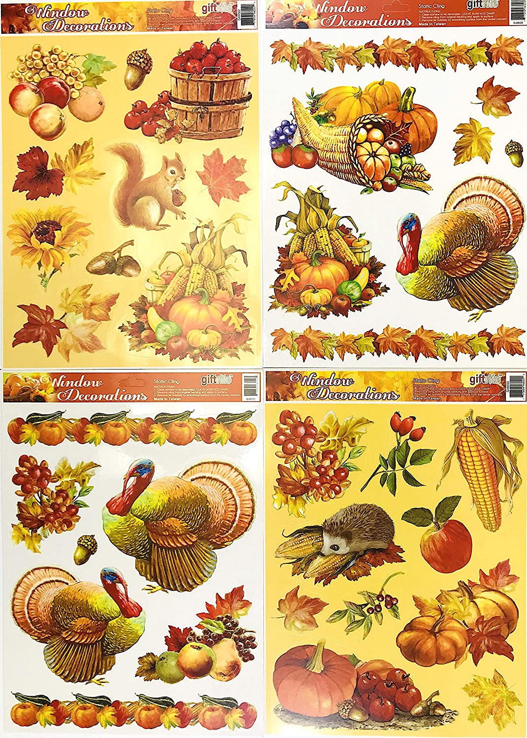 Fall Harvest Vinyl Window Clings: Turkeys Hedgehog Squirrel Pumpkins ...