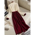 Burgundy Contrast Color Patchwork Long Sleeve Shirt Dress, Elegant ...