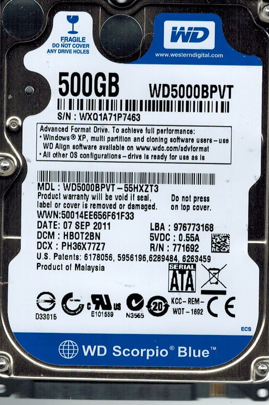 Western Digital WD5000BPVT-55HXZT3 500GB DCM: HB0T2BN - Walmart.com
