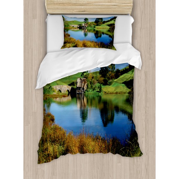 Hobbits Twin Size Duvet Cover Set, Hobbit Land Village House by Lake ...