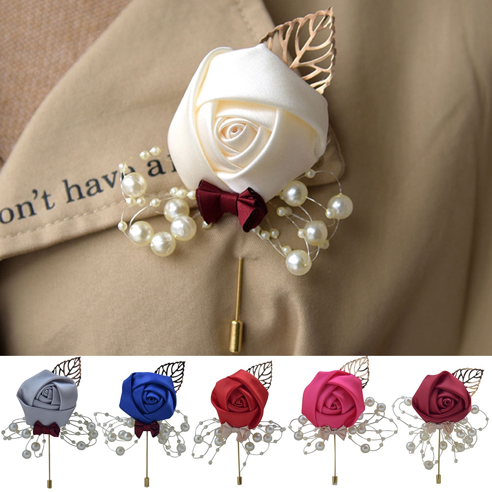 Fake Flower Faux Pearl Boutonniere Wedding Ceremony Bride Groom Corsage ...