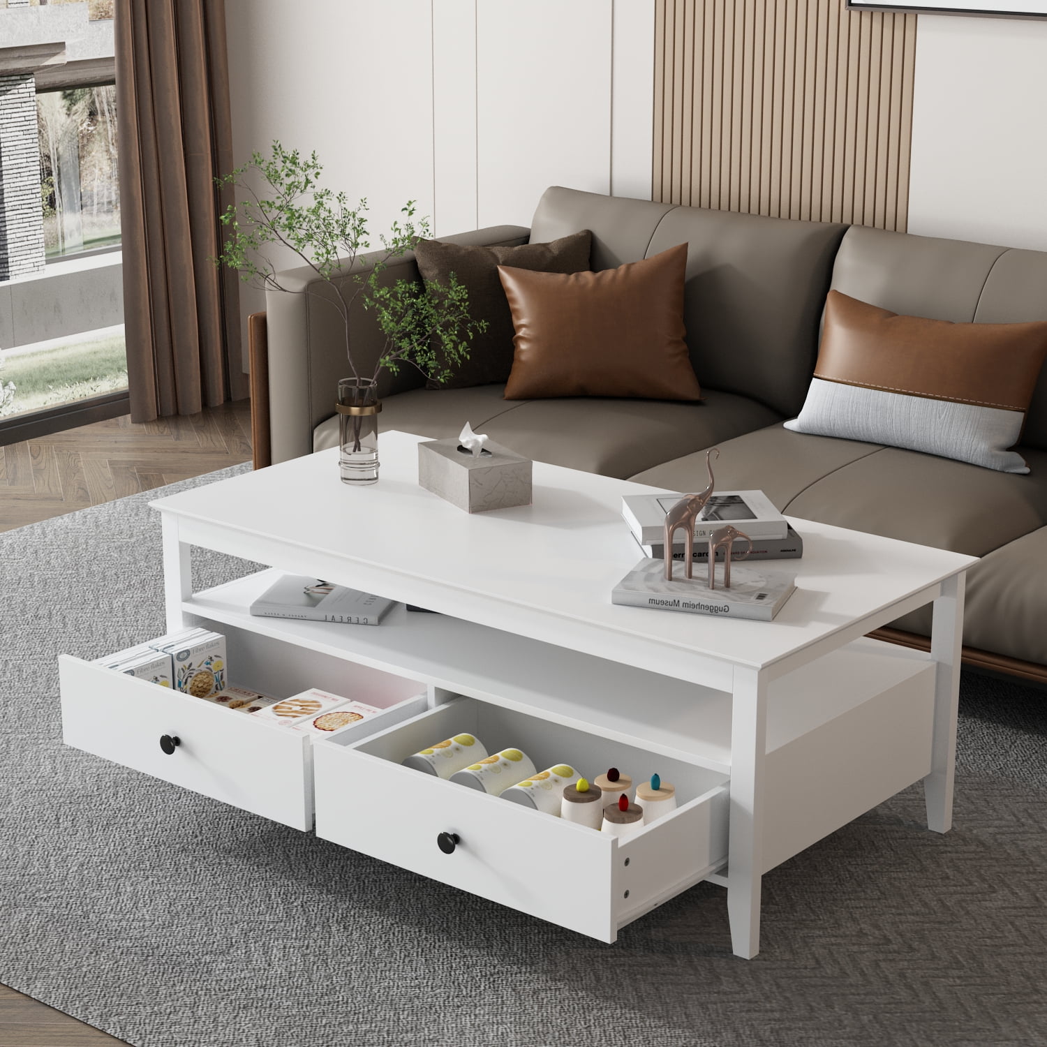 Timechee Coffee Table with Drawers and Shelf, White Central Table for ...