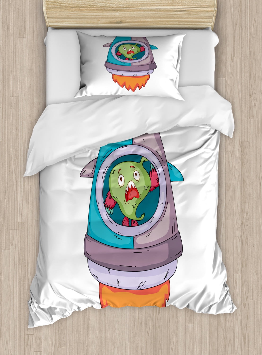 Alien Duvet Cover Set Twin Size, Extraterrestrial Being Stuck Rocket ...