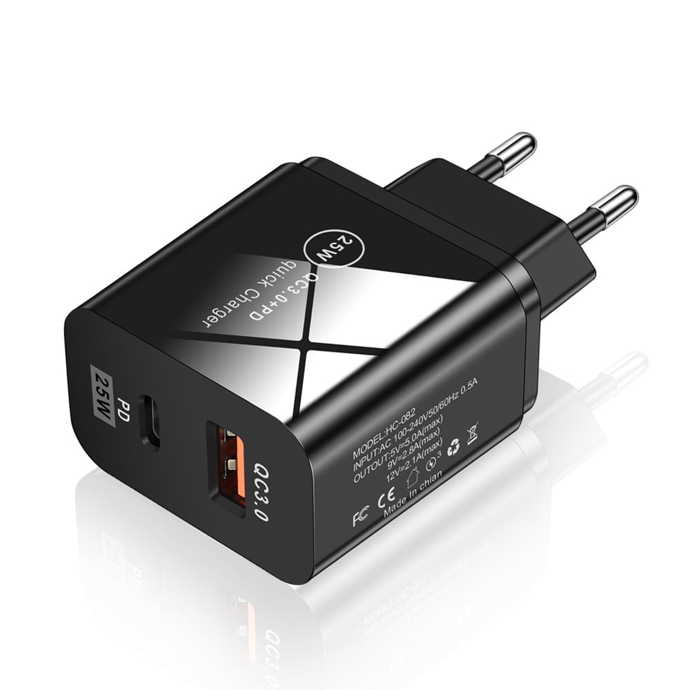 25w Qc30pd Dual Port Type C Phone Fast Charger Charge Adapter Eu Black