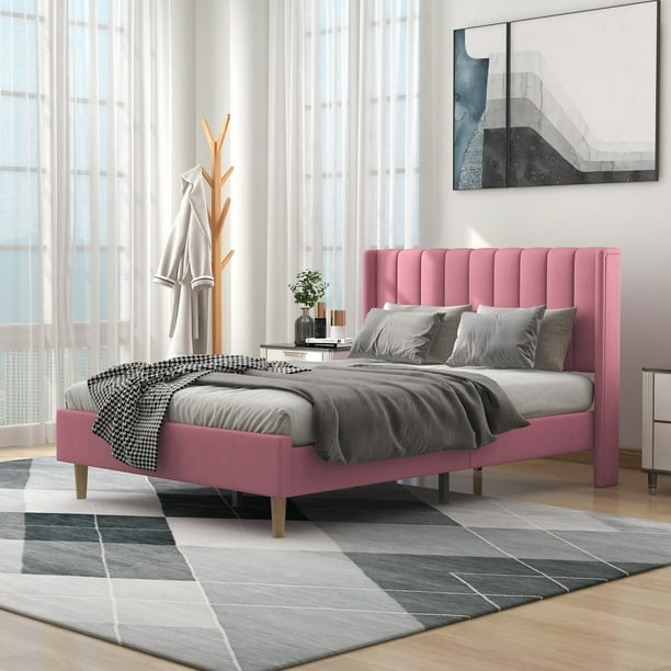 alazyhome Full Size Upholstered Platform Bed Frame, Easy Assemble, Pink ...