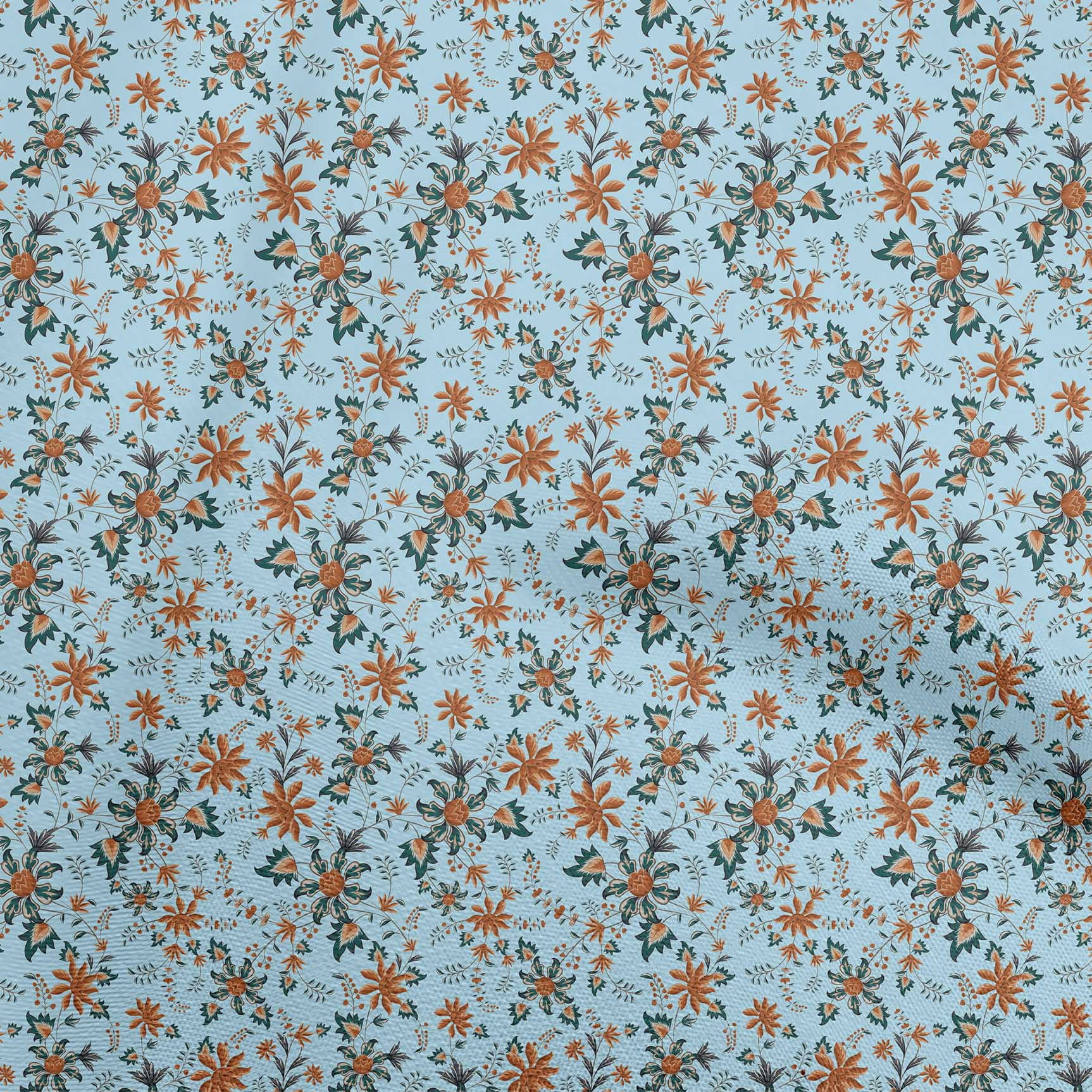 oneOone Cotton Poplin Light Blue Fabric Jacobean Floral Dress Material ...