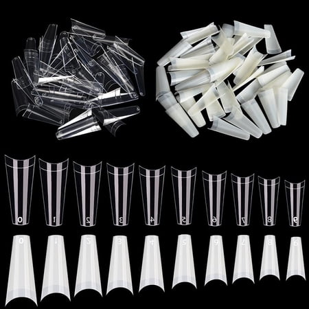 1000PCS C/U Curved Long Coffin Shape False Nail Tips, 10 Sizes, Half ...