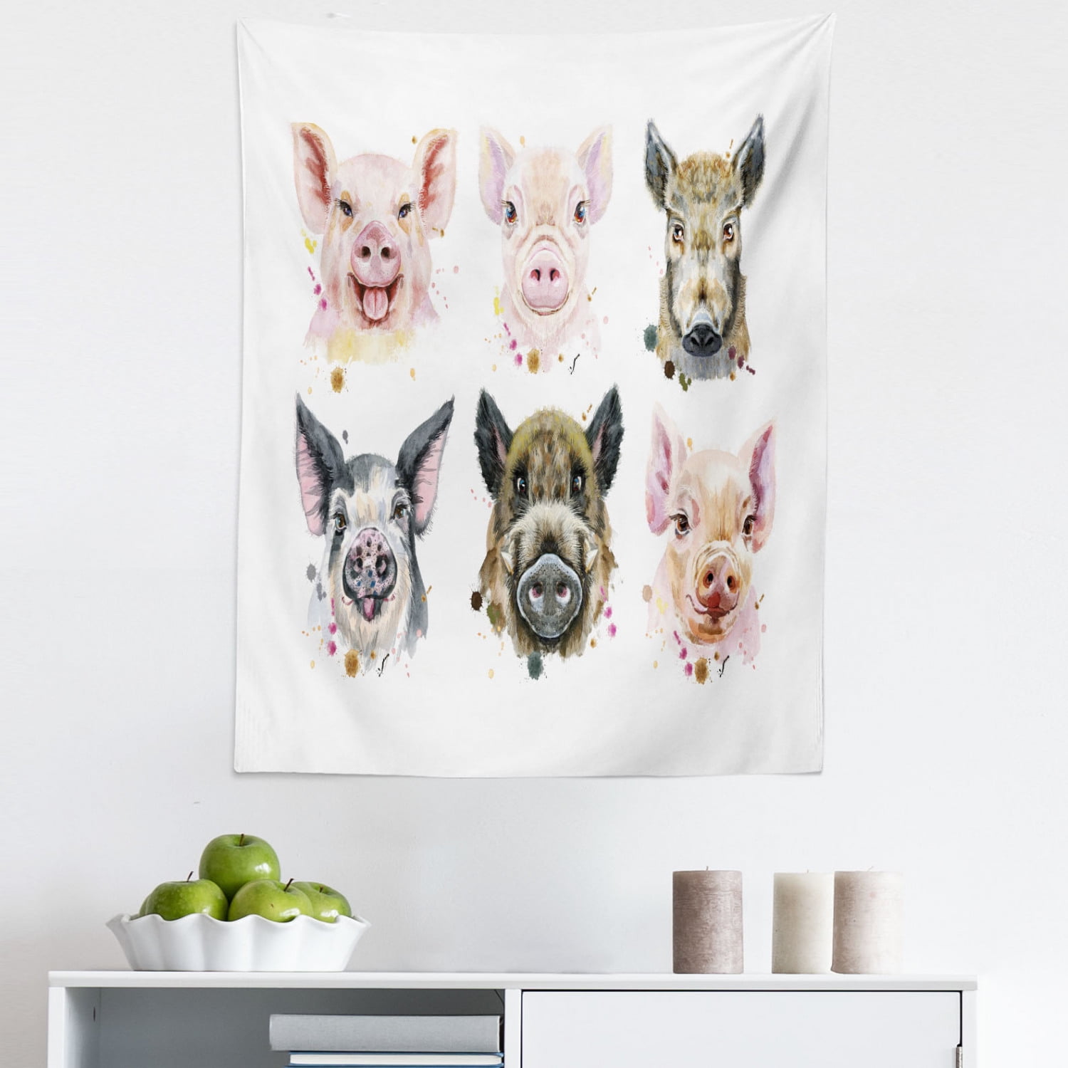 Farm Animal Tapestry, Boar Piglet Graphic of Breeds of Pig in ...
