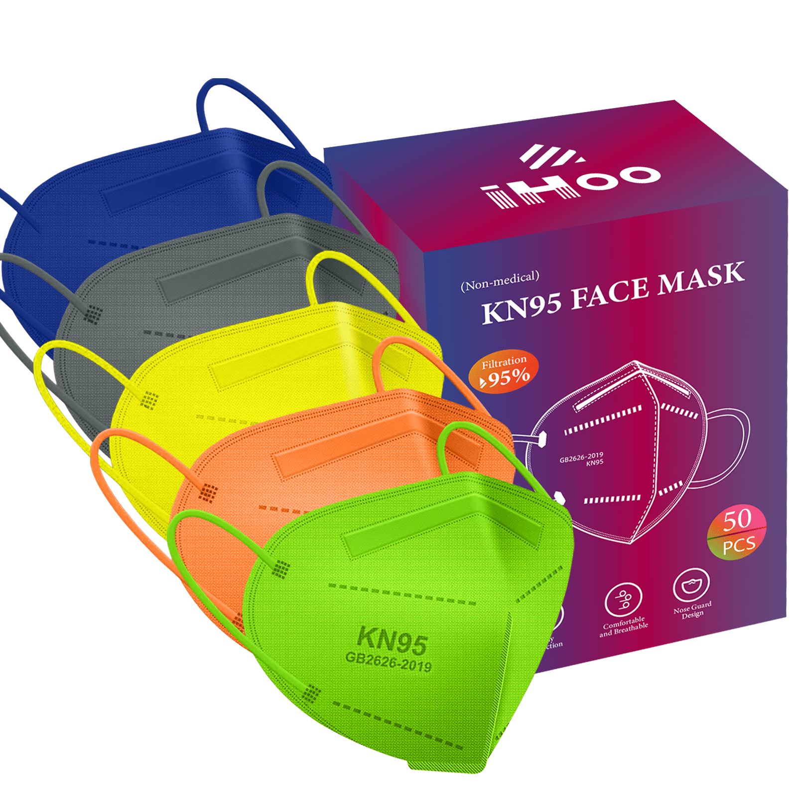 50 Pack KN95 Face Masks Multicolor, Individually Wrapped with Mask ...