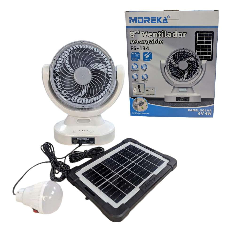 Ventilador Solar Recargable 8" Cargador De Celular Foco y Panel Solar ...