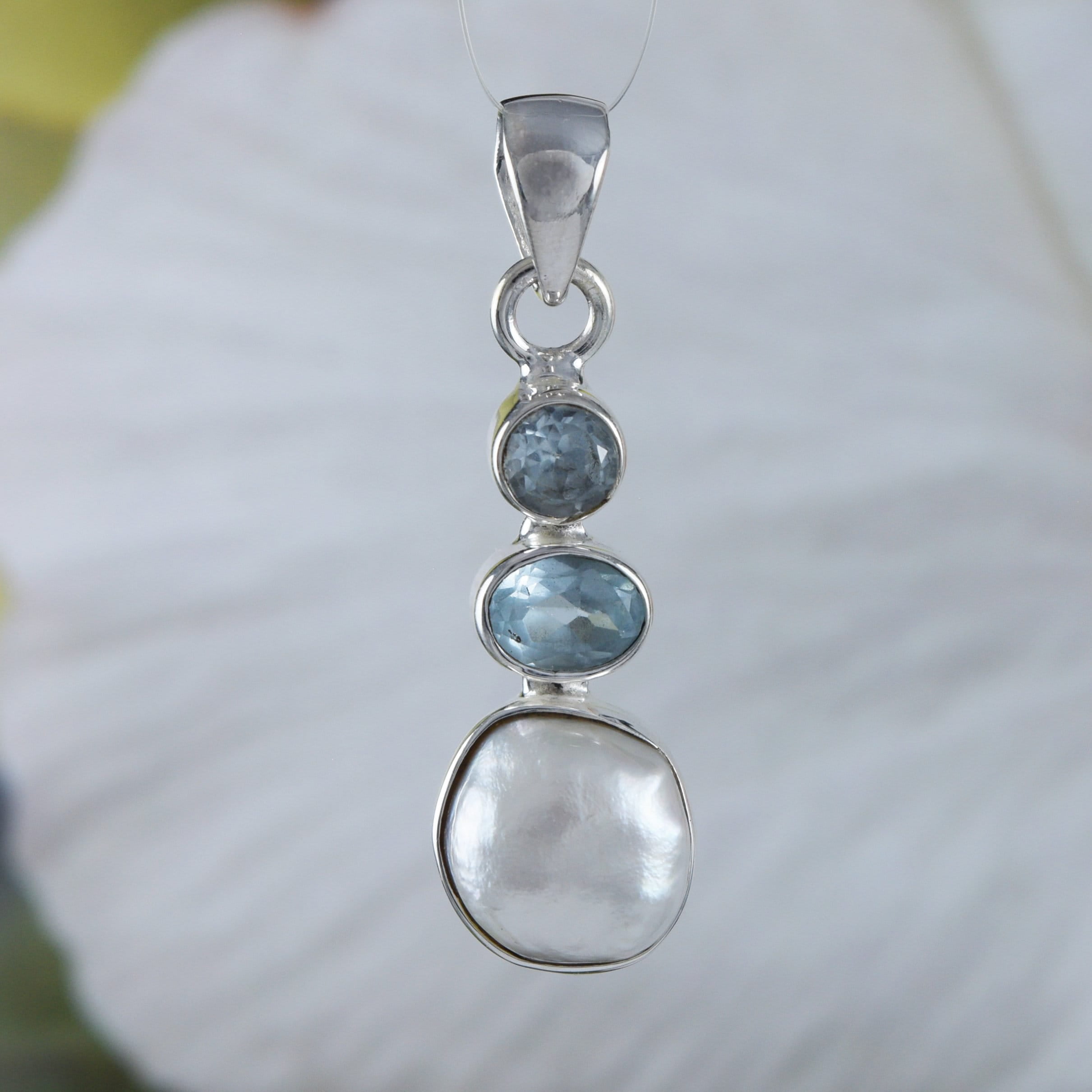 Unique Hawaiian Genuine Blue Topaz White Mabe Pearl Necklace, Sterling ...