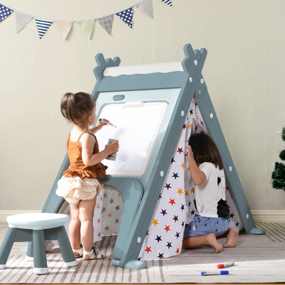 Kids Play Tent, 4 in 1 Tent with Stool & Climber & Whiteboard & Game ...