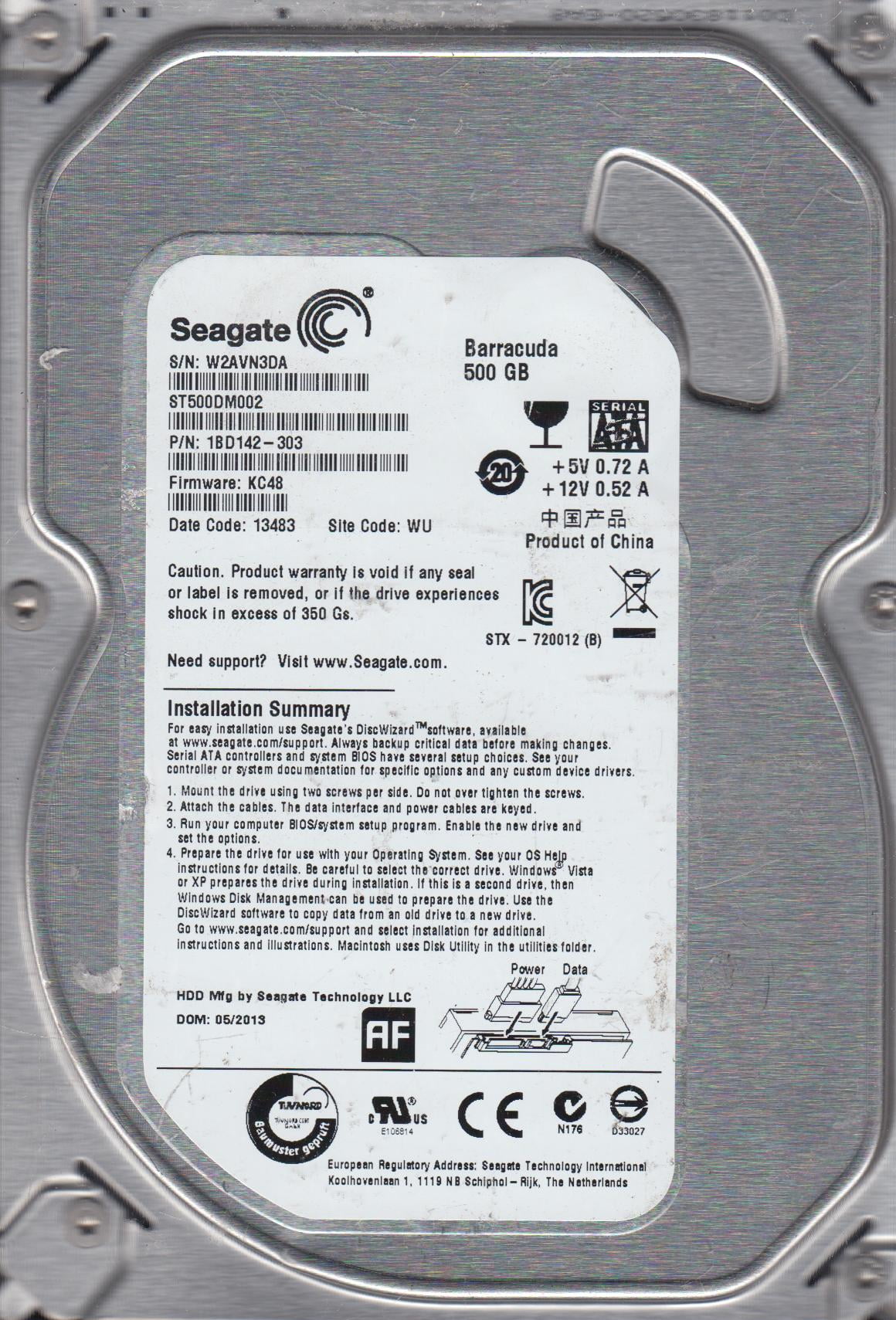 ST500DM002, W2A, WU, PN 1BD142-303, FW KC48, Seagate 500GB SATA 3.5 ...