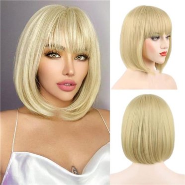 Creamily 14 inches Brown Wig with Bangs Straight Short Bob Wigs Brown ...