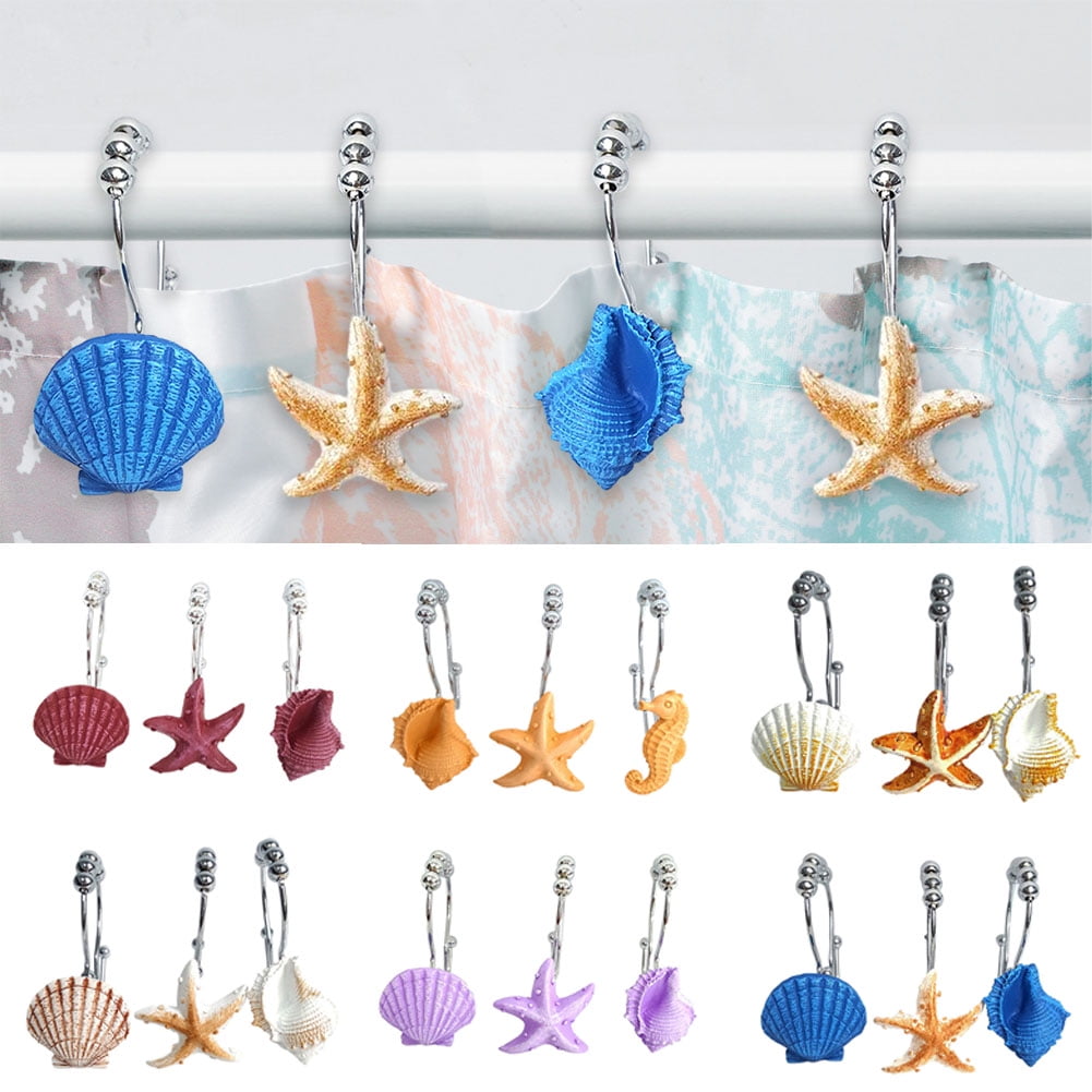 Shower Curtain Hooks, 12Pcs Seashell Anti Rust Decorative Resin Shower ...