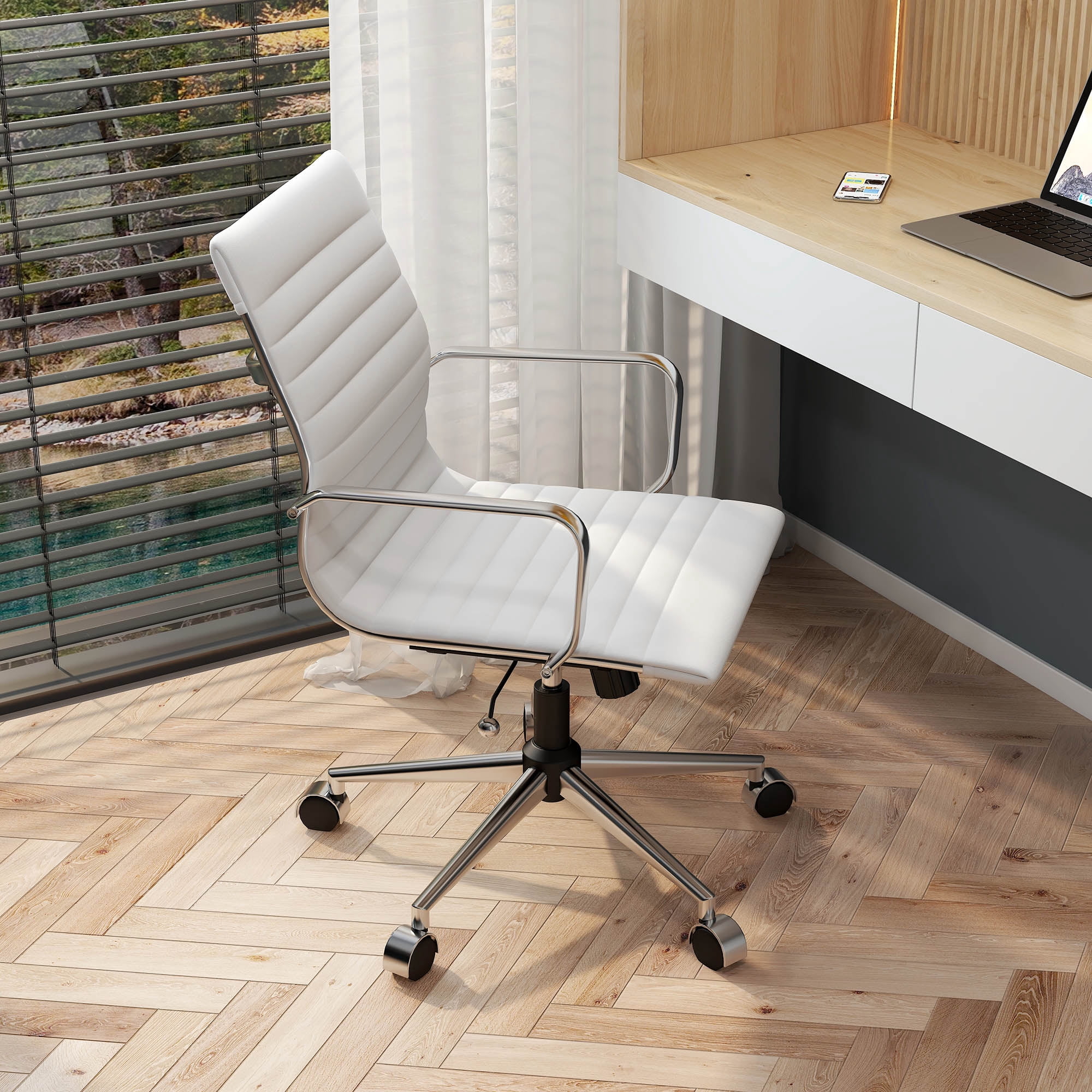 CAROCC Mid Back Office Chair with Back Support, White Swivel Desk Chair ...