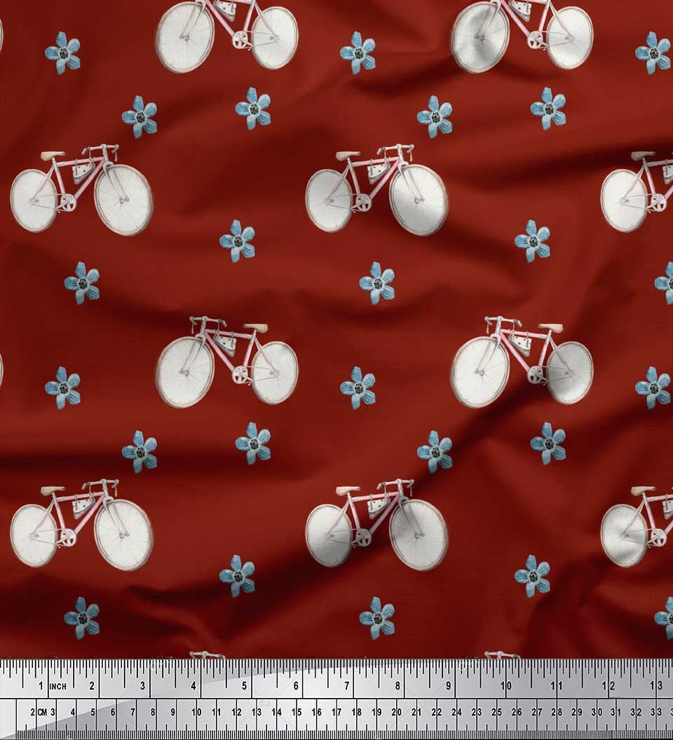 Soimoi Red polyester Crepe Fabric Bicycle & Floral Transport Print ...