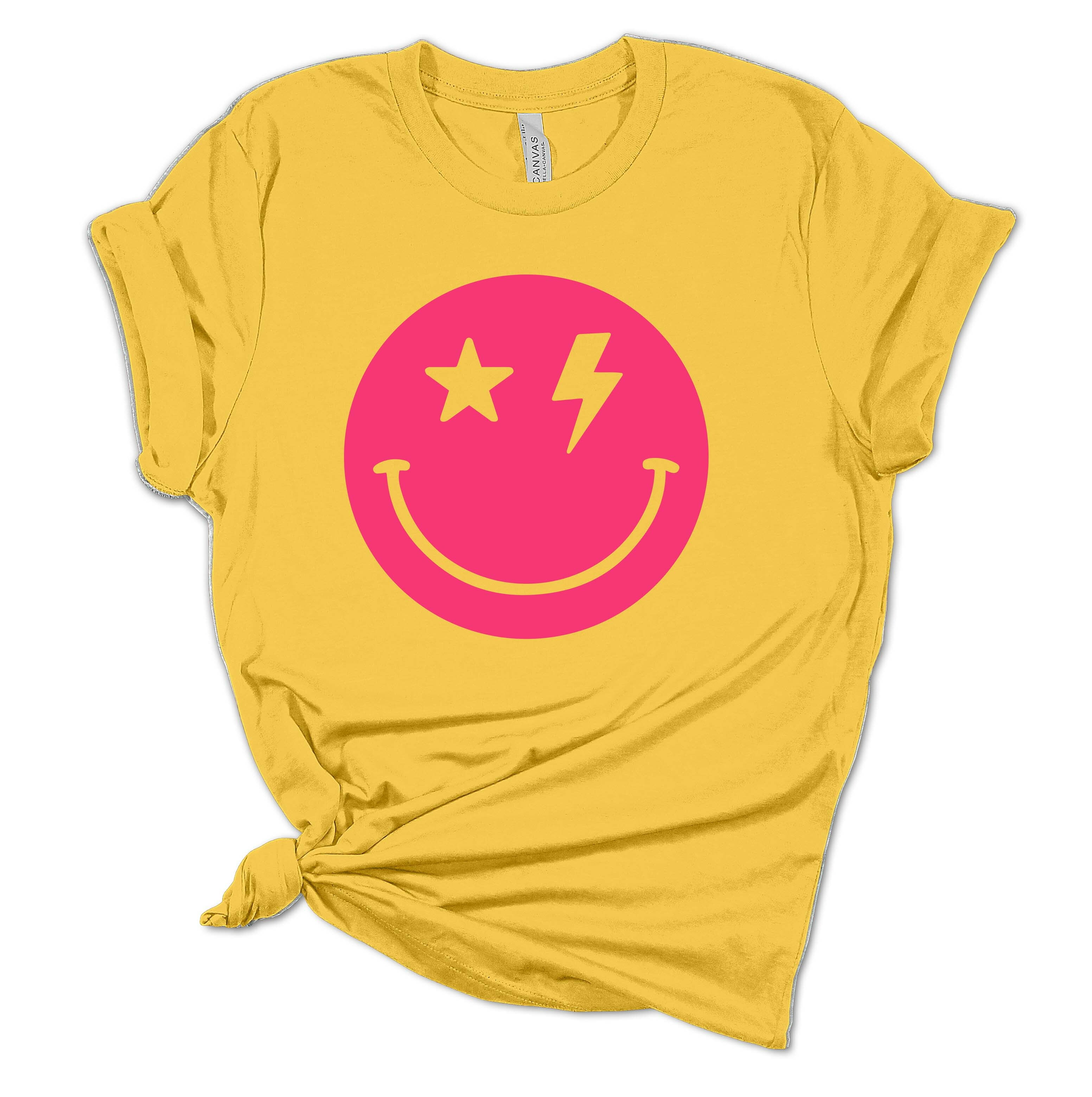 Womens Hot Pink Happy Face Smile With Lightning Eyes Unisex Fit Short ...