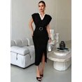 Black V-Neck Dolman Sleeve Fitted Midi Dress With Metal Buckle Belt ...
