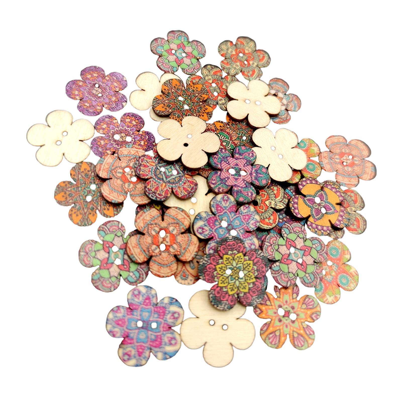 Flower Buttons 100 Pieces Mixed Colours 2 Holes Retro Wooden Buttons ...