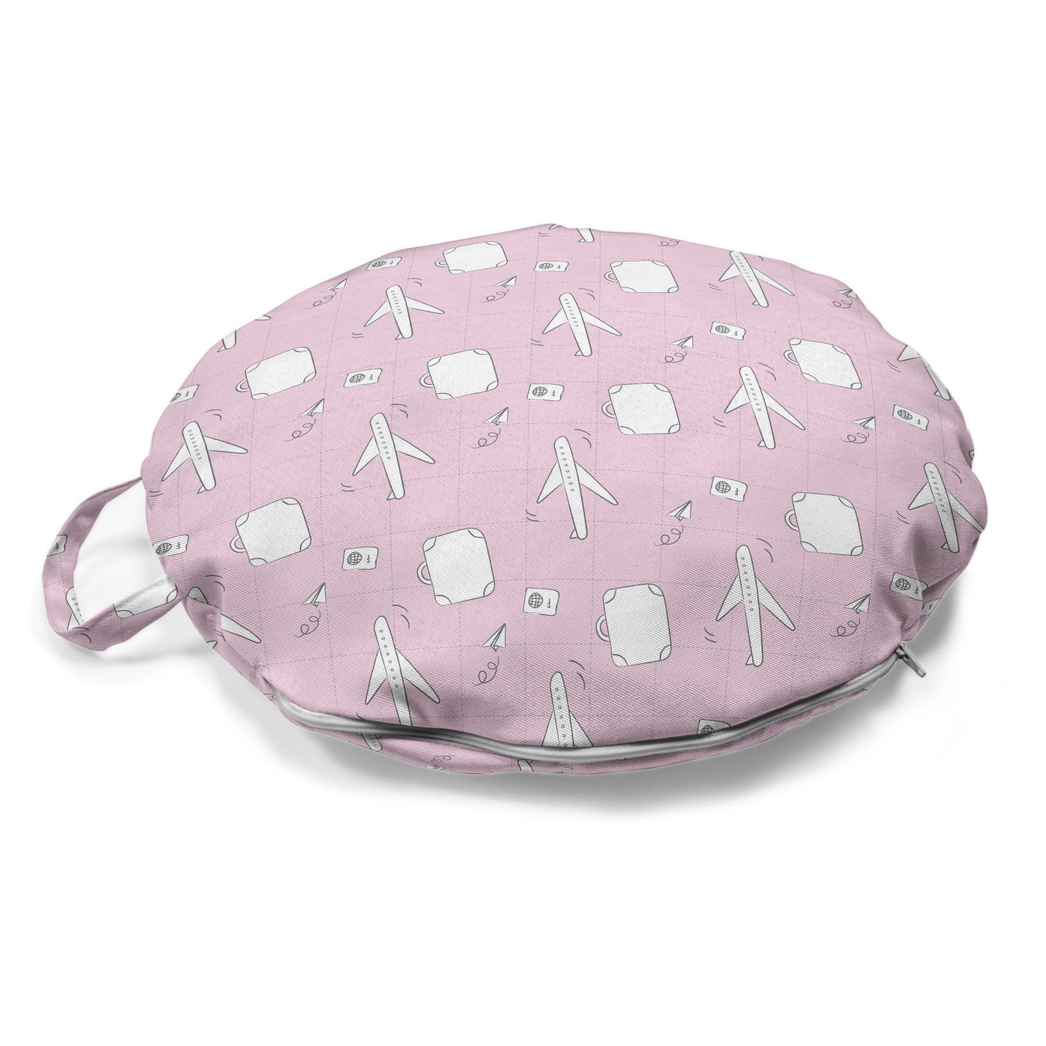Travel Round Floor Cushion with Handle, Pastel Tone Scene of Luggage ...