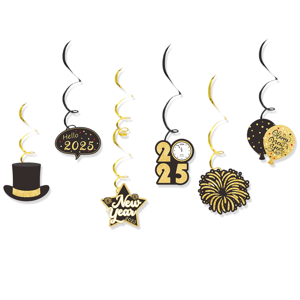 Banderín de Feliz Año Nuevo 2025 con purpurina en negro y dorado ...